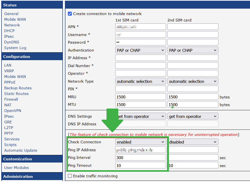 Setting up automatic monitoring of the mobile data connection in the ...